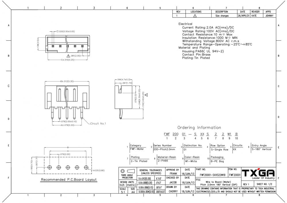 TXGA FWF20001 connector drawing page 1