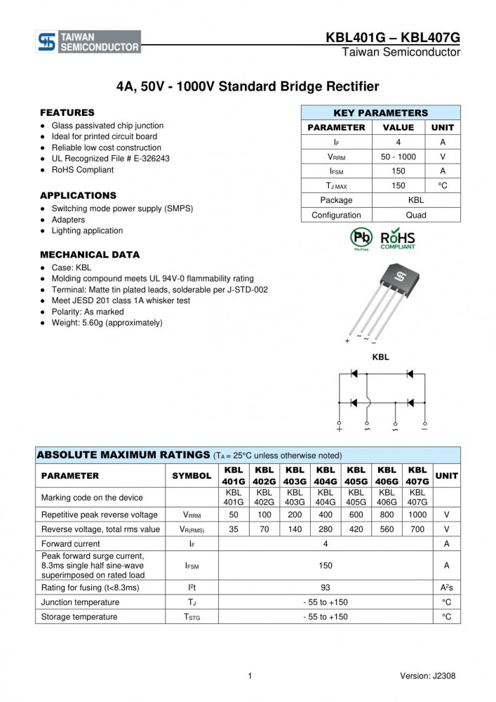 KBL402G datasheet page 1