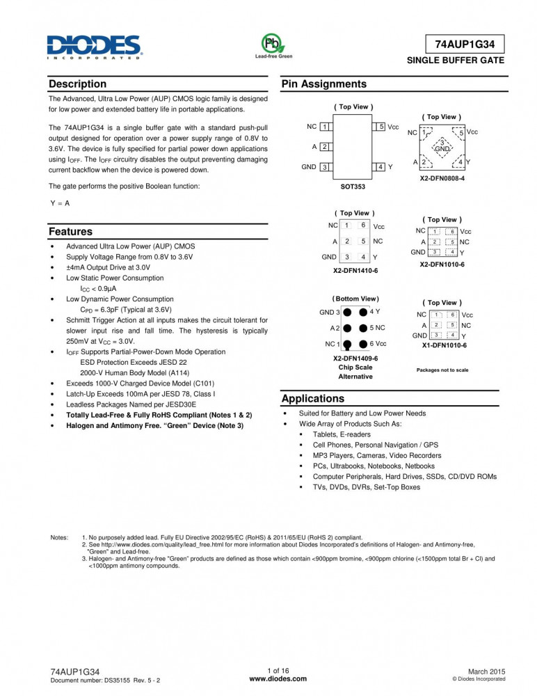 DIODES 74AUP1G34FW5-7 datasheet page 1