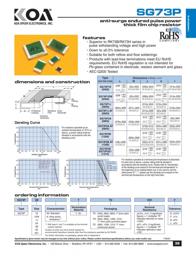 KOA SG73P series datasheet page 1