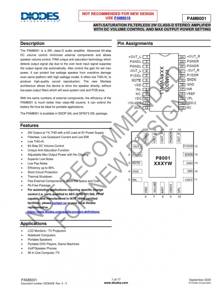 PAM8001NHR datasheet page 1