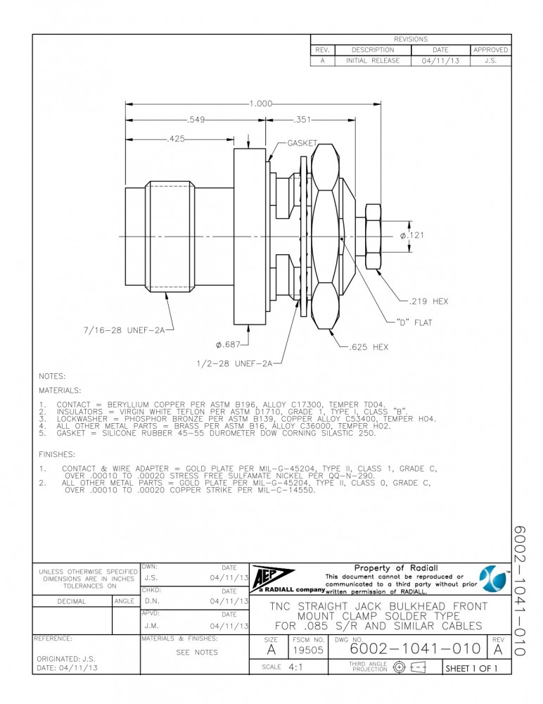 Radiall 6002-1041-010 product drawing page