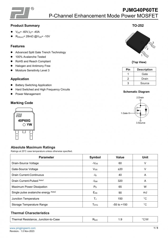 PJMG40P60TE datasheet page 1