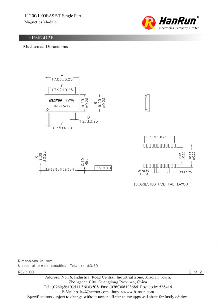 HR682412E mechanical dimensions and PCB pad layout