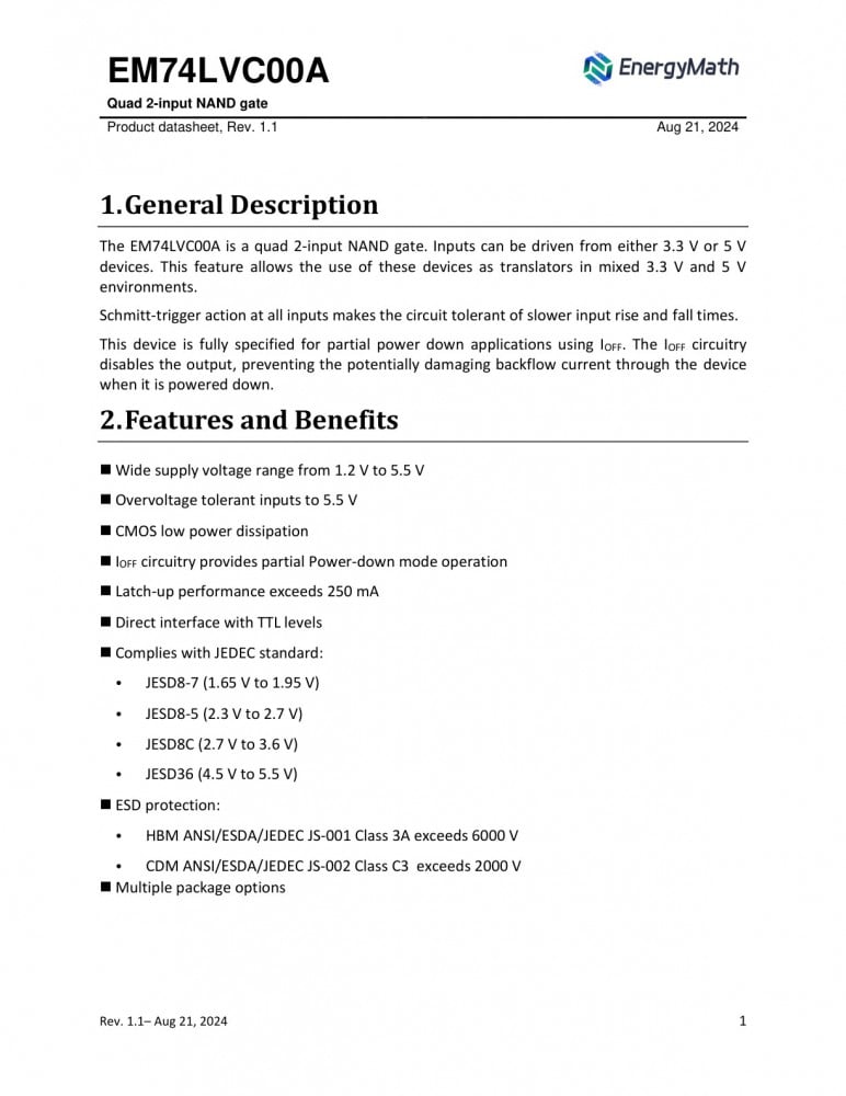 EM74LVC00AD datasheet page 1