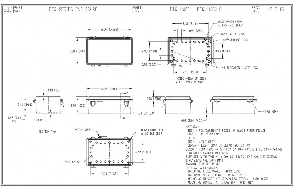 PTQ-11050-C product drawing and enclosure reference