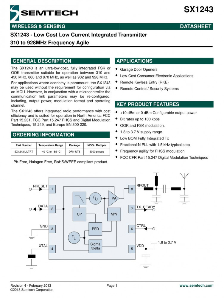 SX1243 datasheet page 1