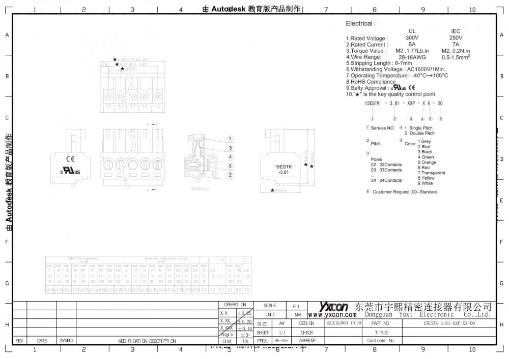 Yxcon 15EGTK-3.81-06P-14-00 technical drawing