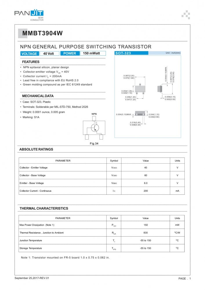 MMBT3904W datasheet page 1