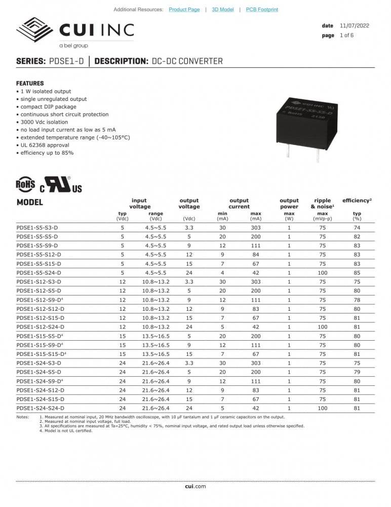 CUI PDSE1-D datasheet page 1