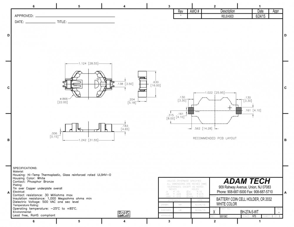 ADAM TECH BH-27A-5-WT technical drawing