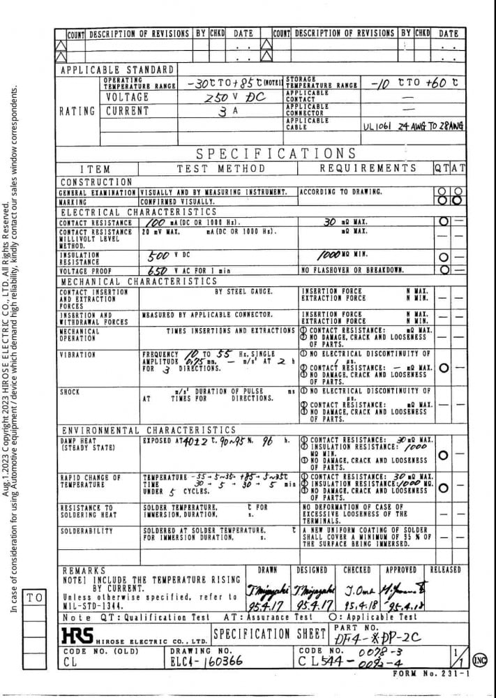 HRS DF4-16DP-2C specification sheet preview