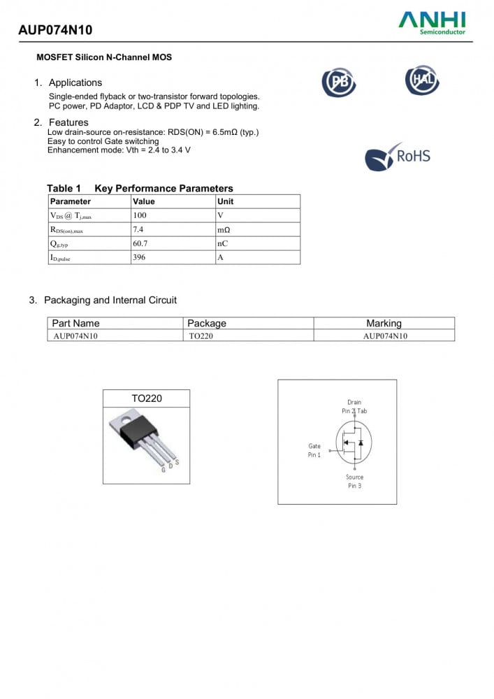 AUP074N10 datasheet page 1