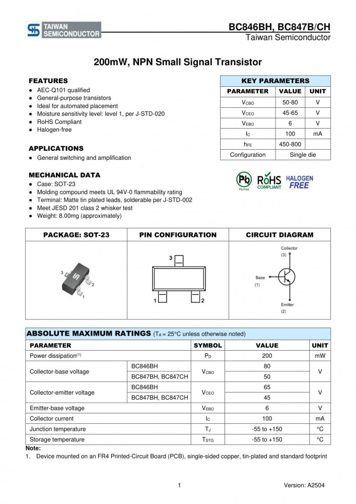 BC847BH datasheet page 1