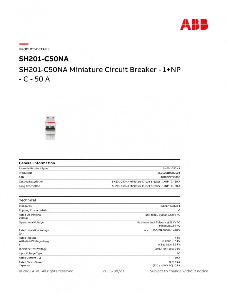 SH201-C50NA technical document page 1