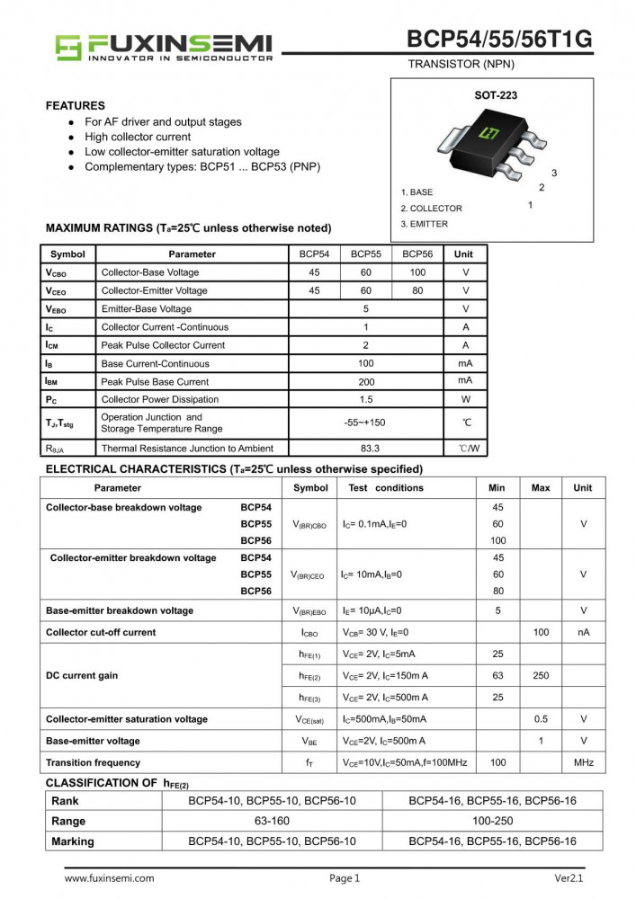 BCP56T1G datasheet page 1