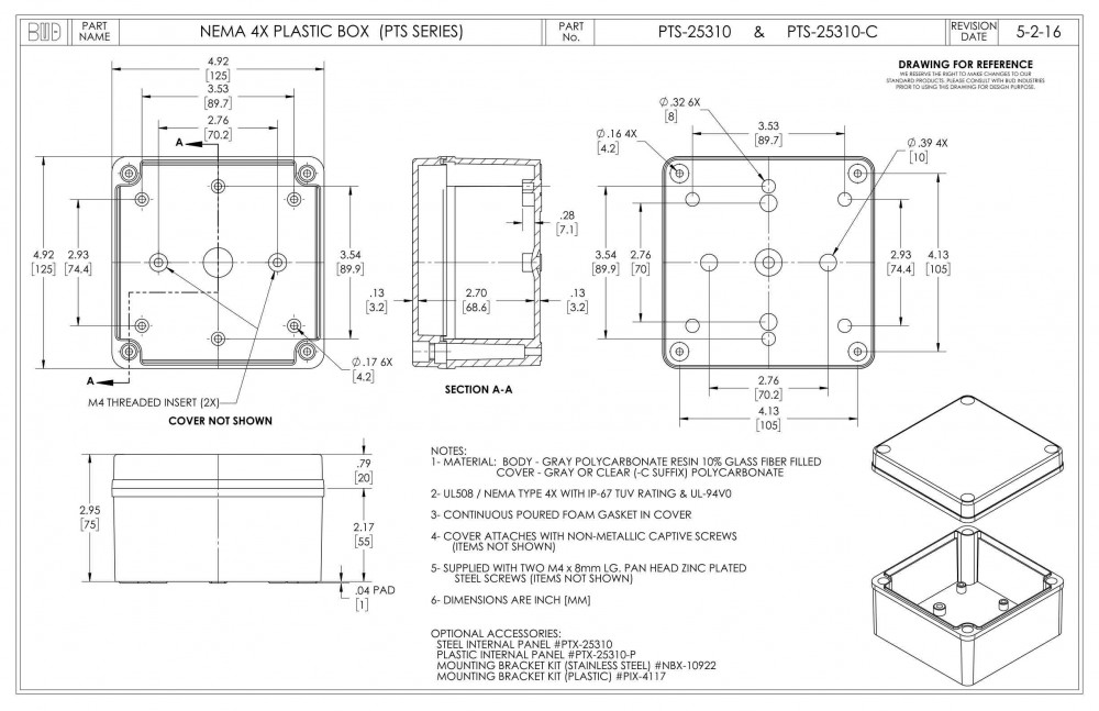 Bud Industries PTS-25310-C product drawing, including enclosure views and drawing notes