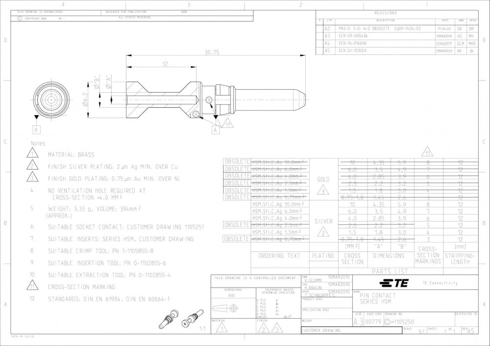 TE Connectivity drawing 1470-19 reference for part 4-1105250-1