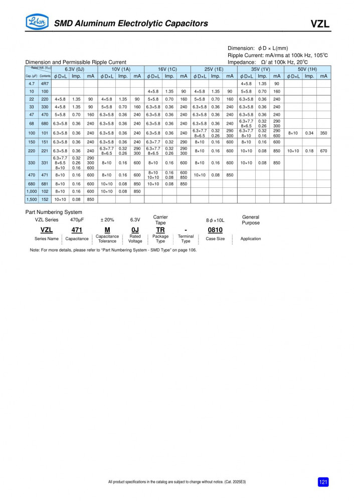 Lelon VZL series technical datasheet page 2