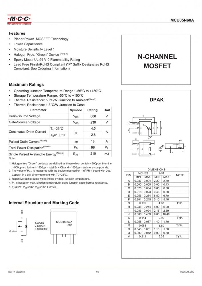 MCU05N60A-TP datasheet page 1