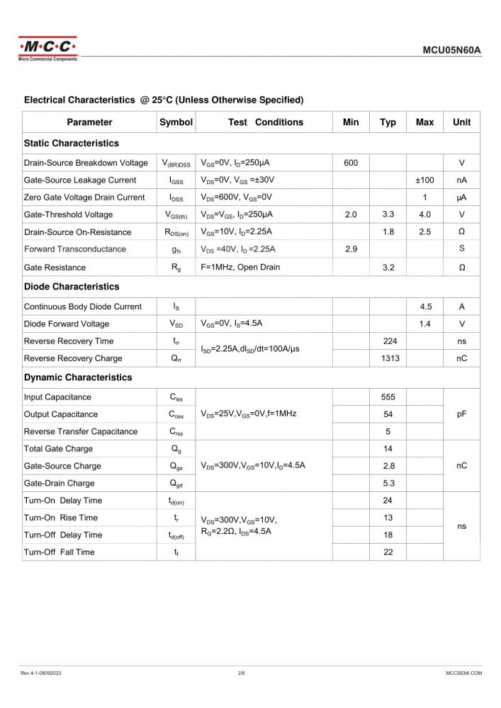 MCU05N60A-TP datasheet page 2