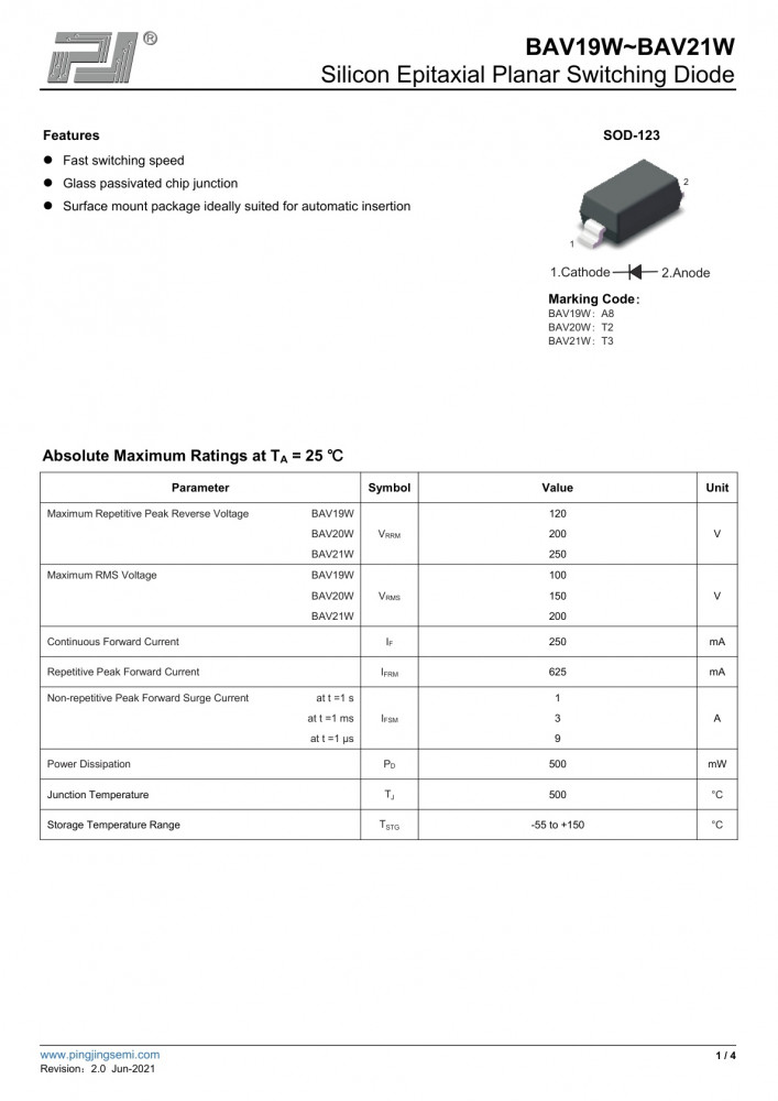 PJSEMI BAV21W datasheet page 1