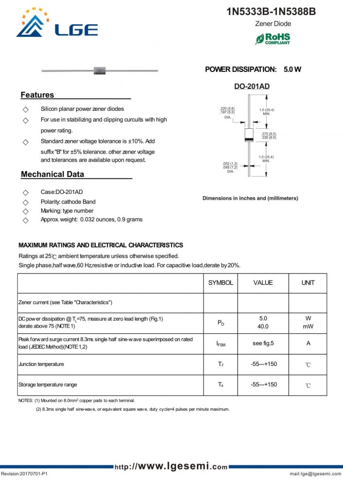 1N5349B datasheet page 1