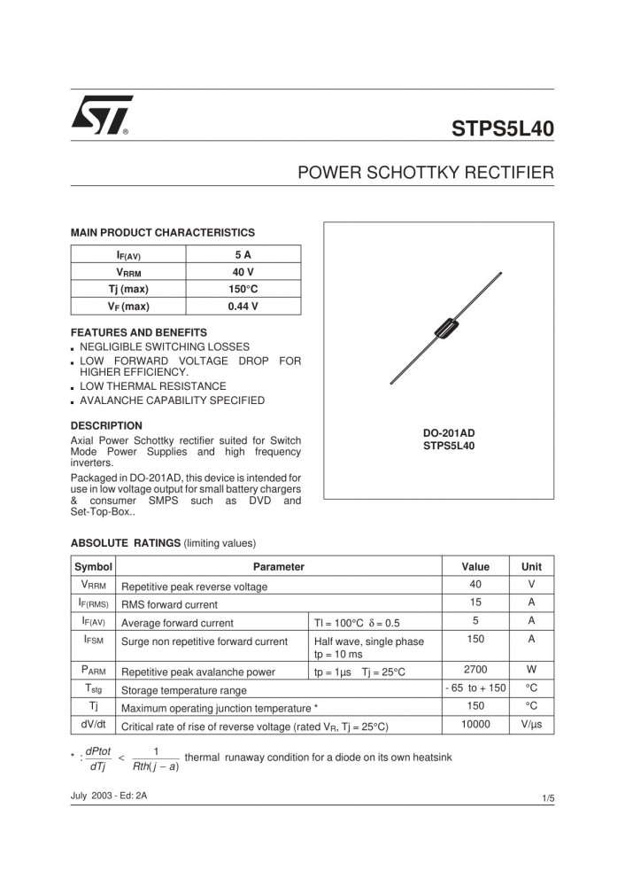 STPS5L40 datasheet page 1