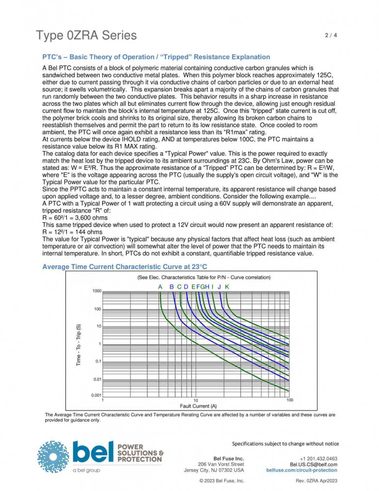 Bel Fuse 0ZRA series technical document page 2