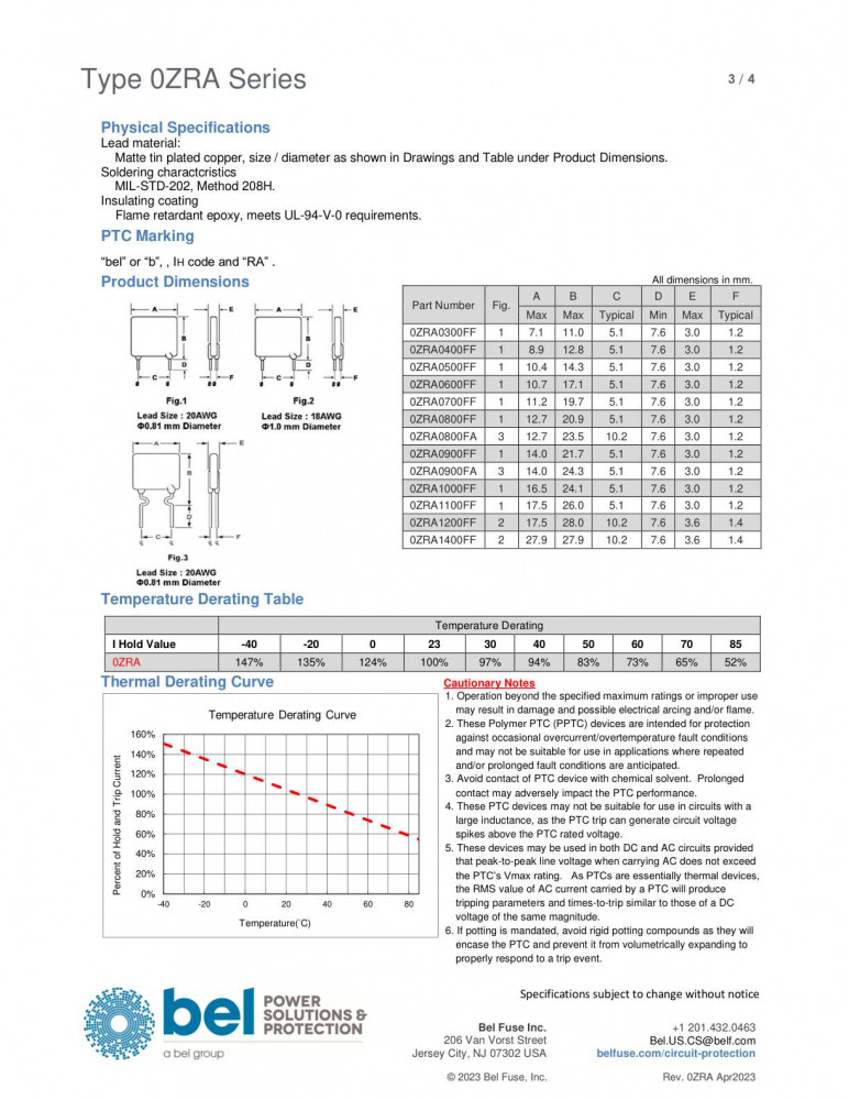 Bel Fuse 0ZRA series technical document page 3