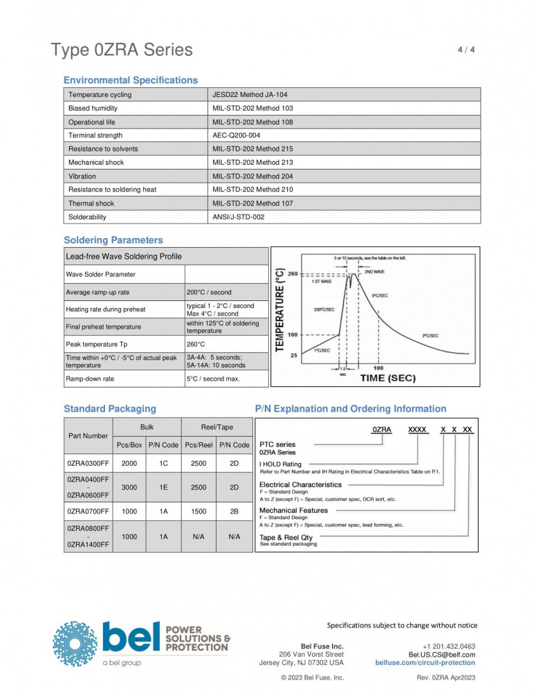 Bel Fuse 0ZRA series technical document page 4
