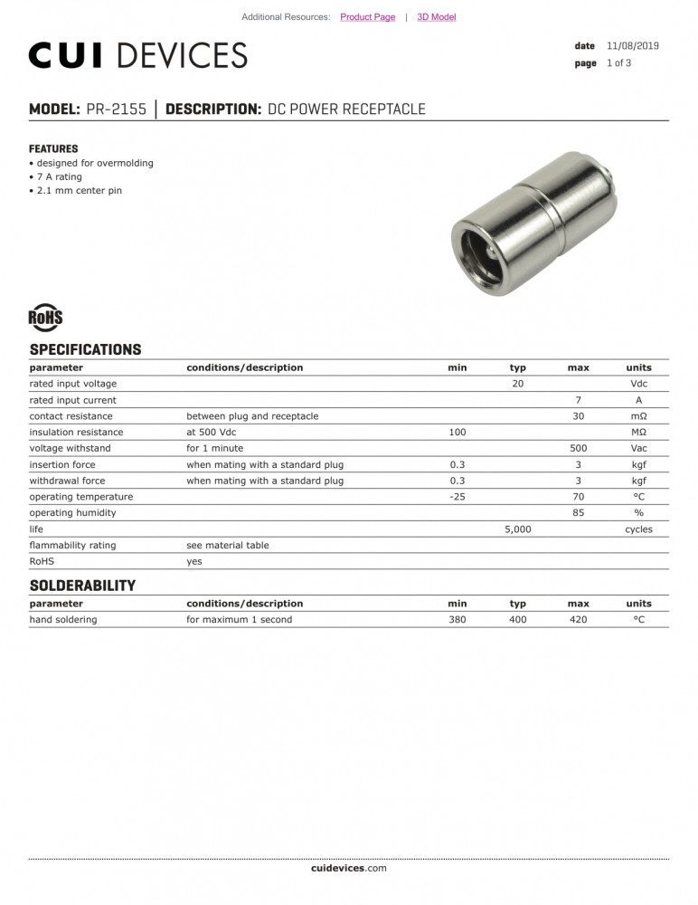 CUI PR-2155 datasheet page 1
