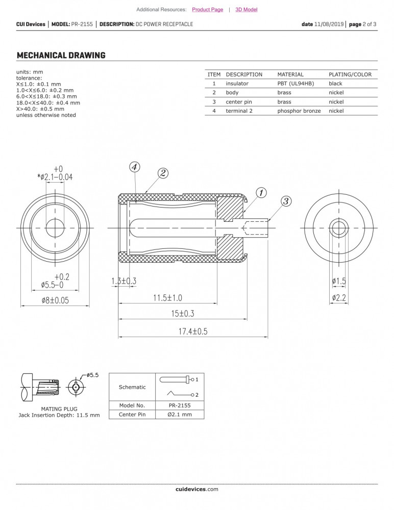 CUI PR-2155 datasheet page 2