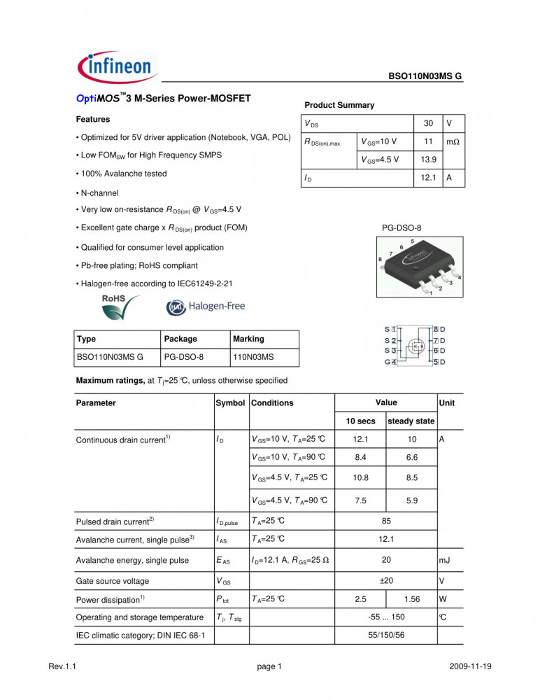 BSO110N03MSG datasheet page 1
