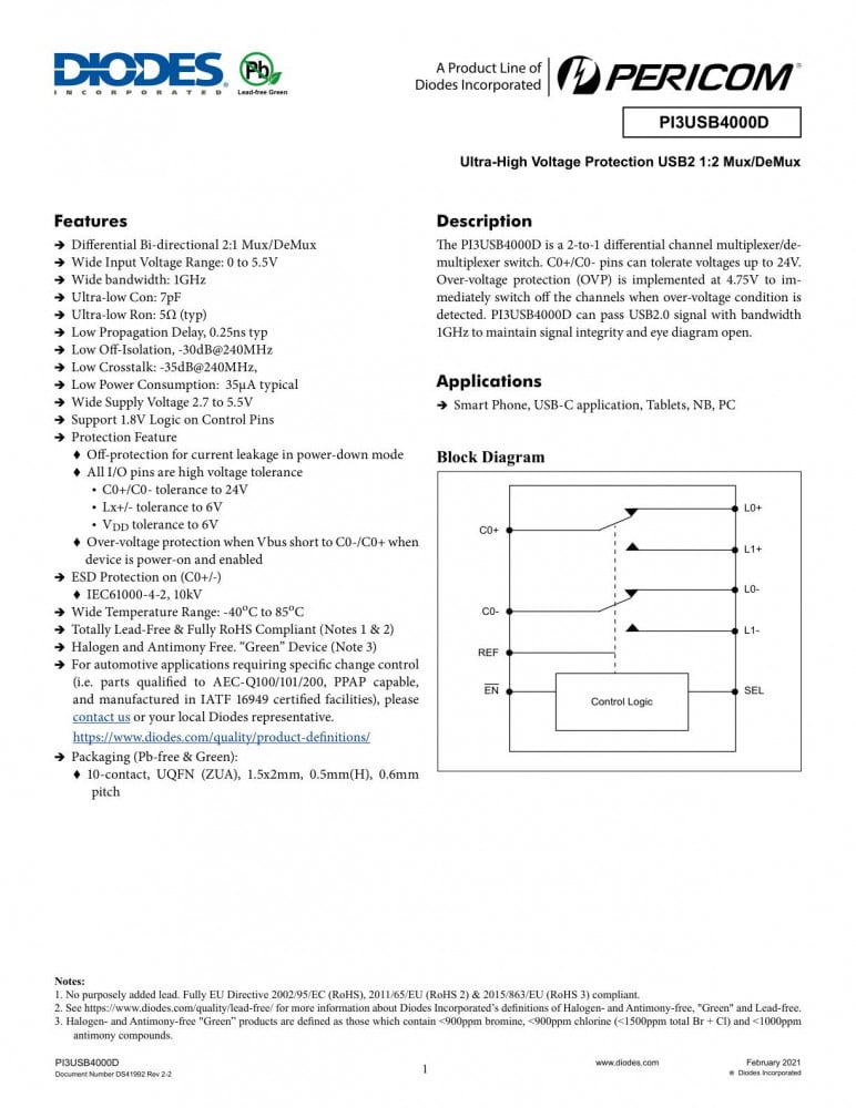 PI3USB4000D datasheet page 1
