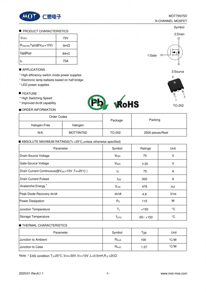 MOT75N75D datasheet page 1