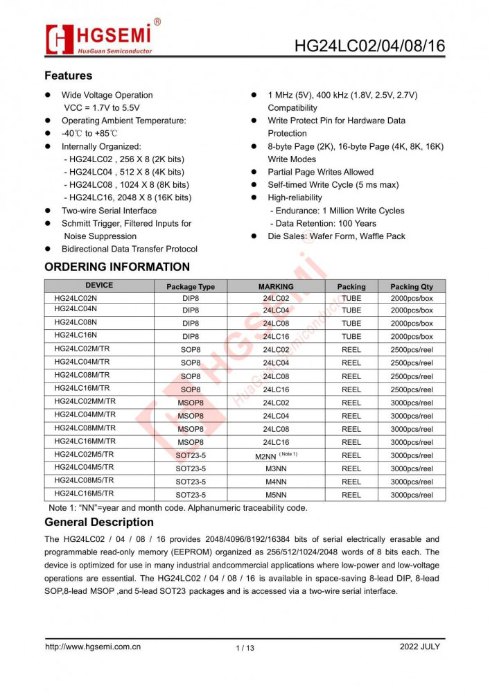HG24LC02M/TR datasheet page 1