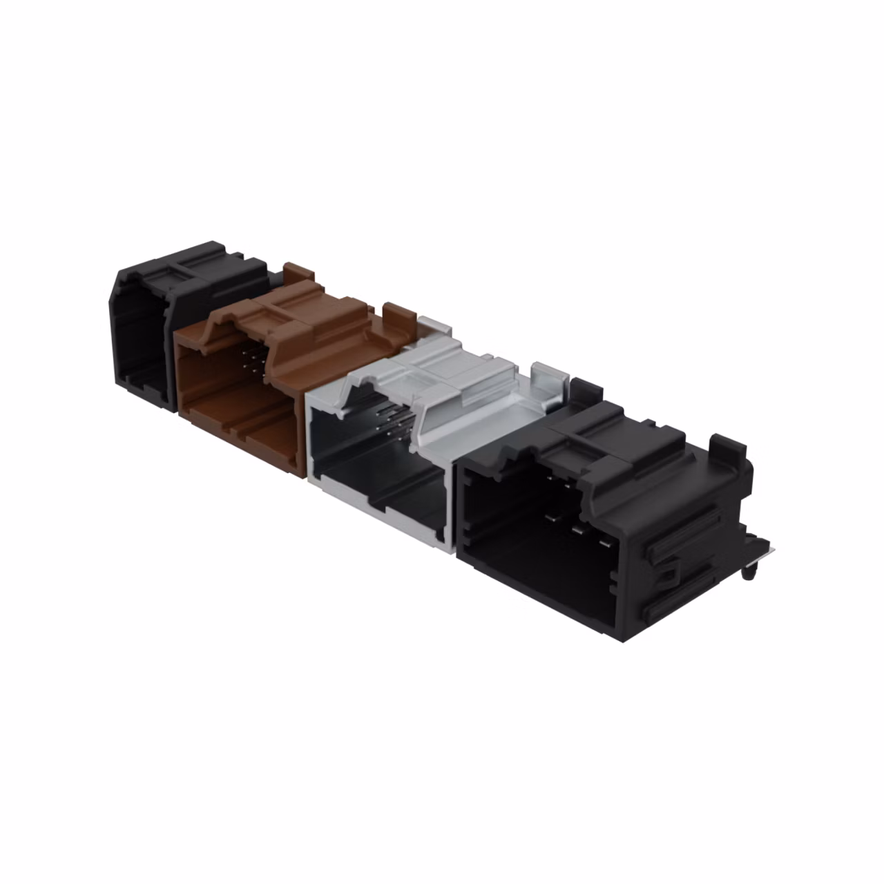 Stac64 4 Bay Right-Angle Headers, 58 Circuits, Bay A 8 Circuit Signal Header, Polarization A,  Black; Bay B 20 Circuit Signal Header, Polarization B, Brown; Bay C 20 Circuit Signal Header, Polarization C, Brown; Bay D 10 Circuit Power Header, Polarization  for sale