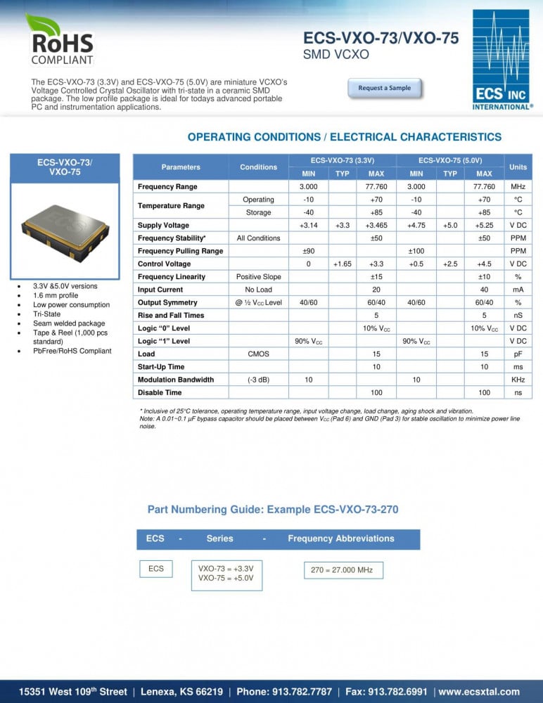 ECS-VXO-73 product specifications and pin information