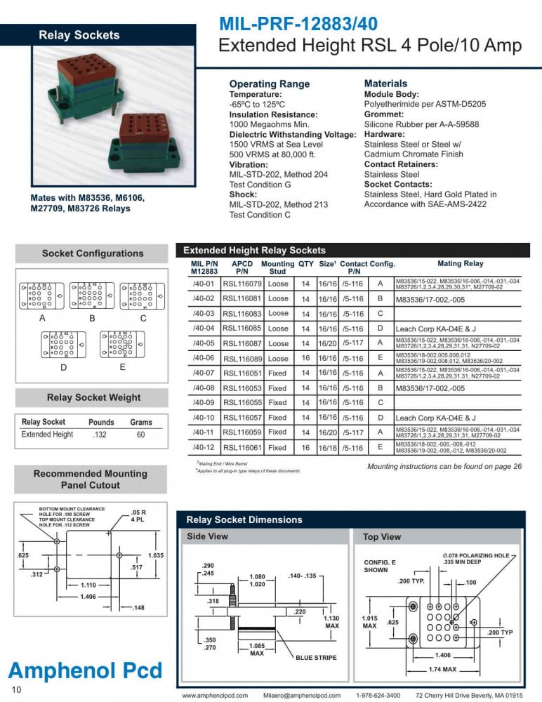 Amphenol MIL-PRF-12883/40 extended-height relay socket documentation