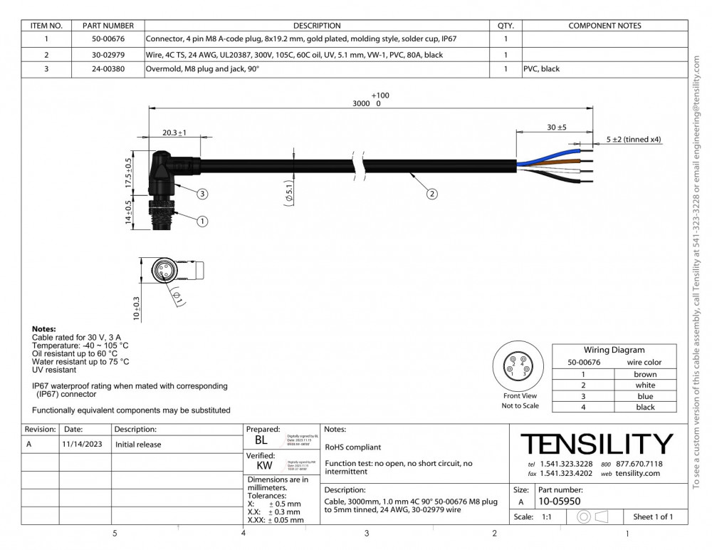 10-05950 M8 right-angle cable assembly drawing and wiring details