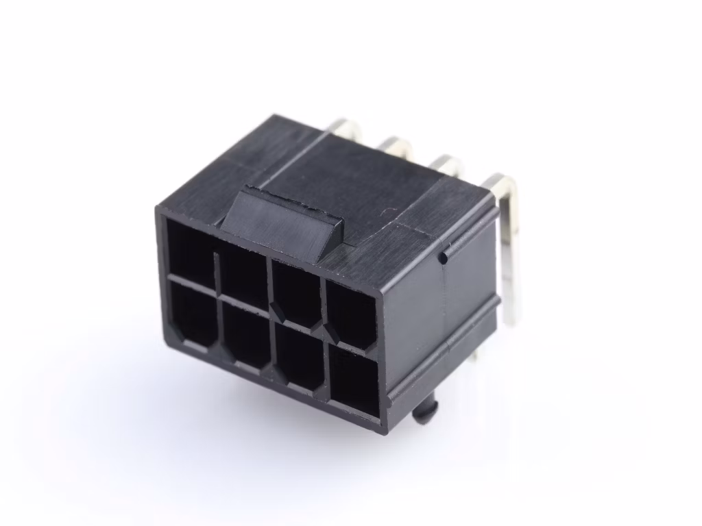 Mini-Fit Jr. Header, Dual Row, Right-Angle, Third Generation Polarization Type for PCIe Applications, 8 Circuits, Nylon UL 94V-0, 2.54µm Matte Tin Plating, Black, Tape and Reel