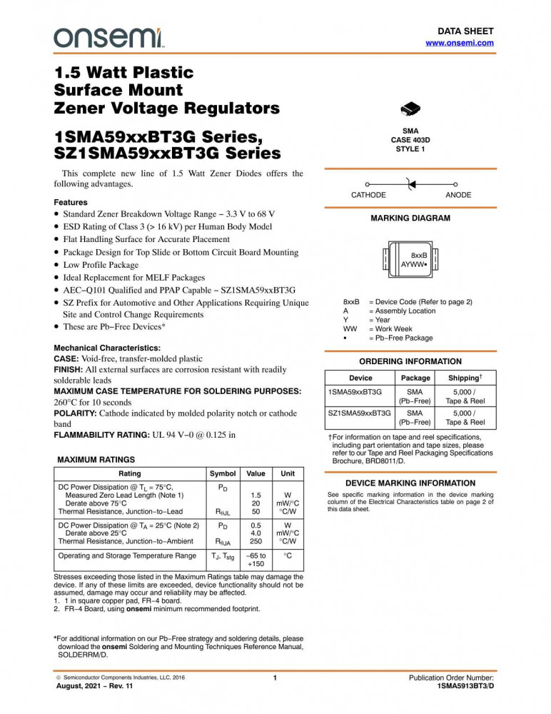 onsemi SZ1SMA5935BT3G datasheet page 1