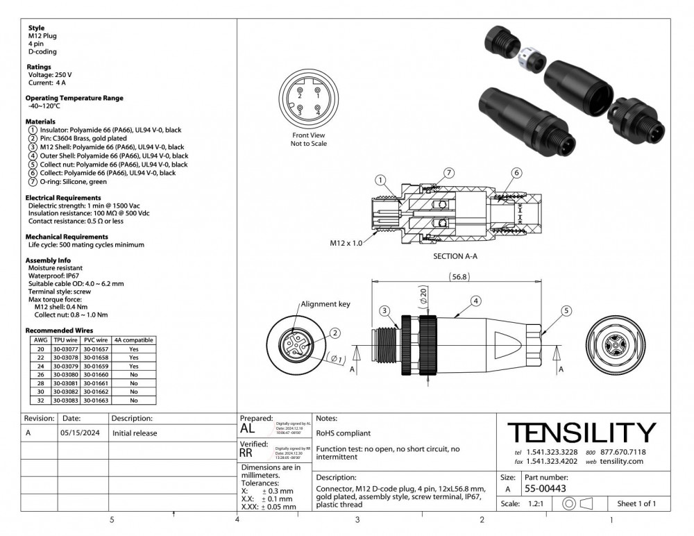 55-00443 M12 D-coded four-pin plug product drawing