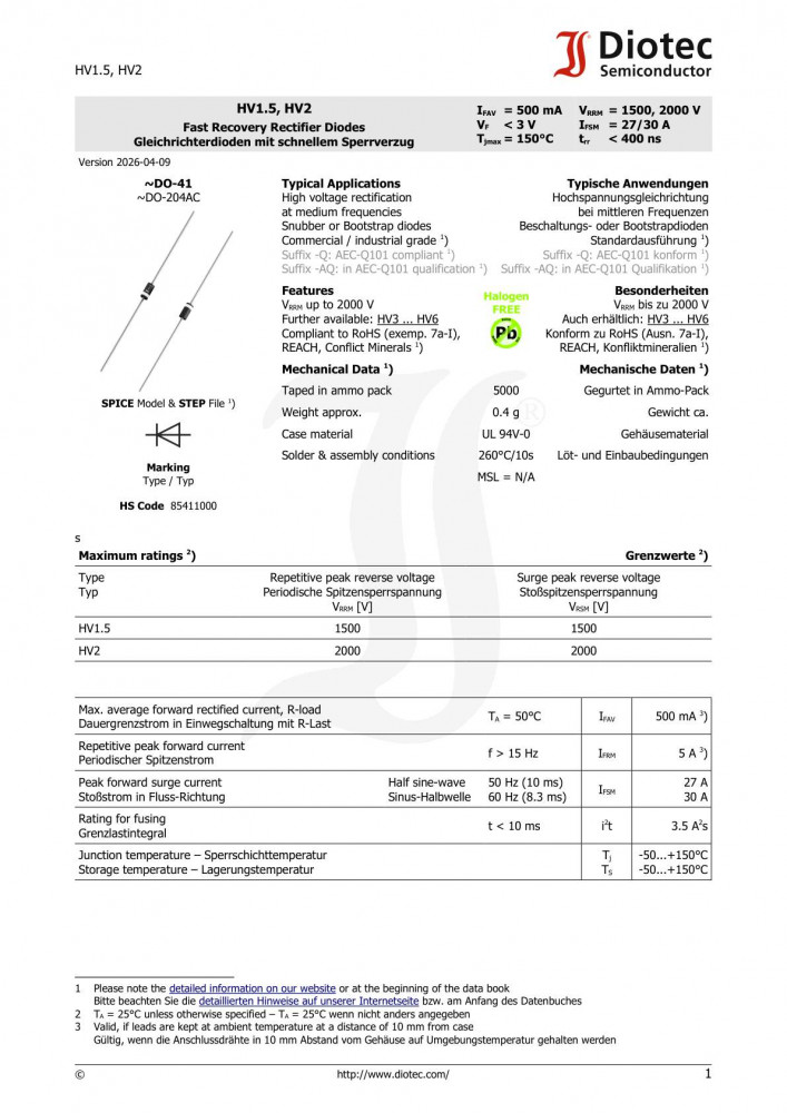 DIOTEC HV1.5 datasheet page 1