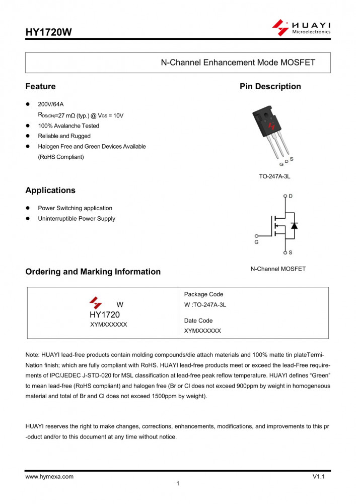 HY1720W datasheet page 1