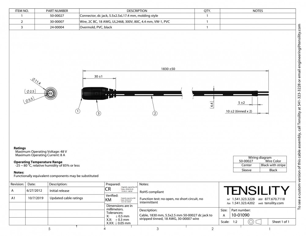 Technical drawing for Tensility International 10-01090 cable assembly