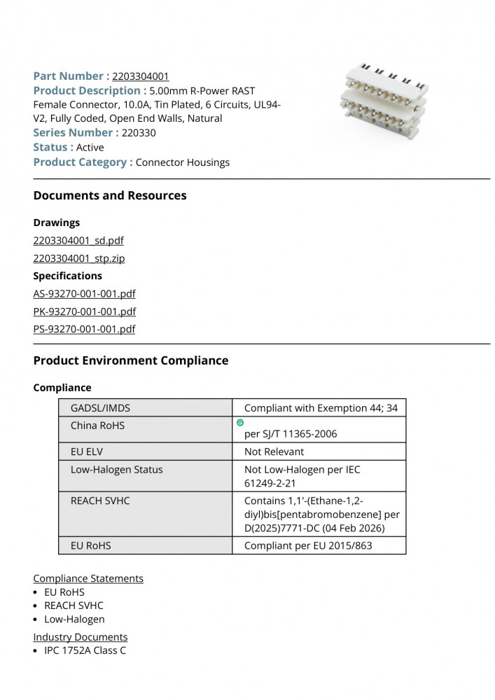 MOLEX 2203304001 technical document image, page 1