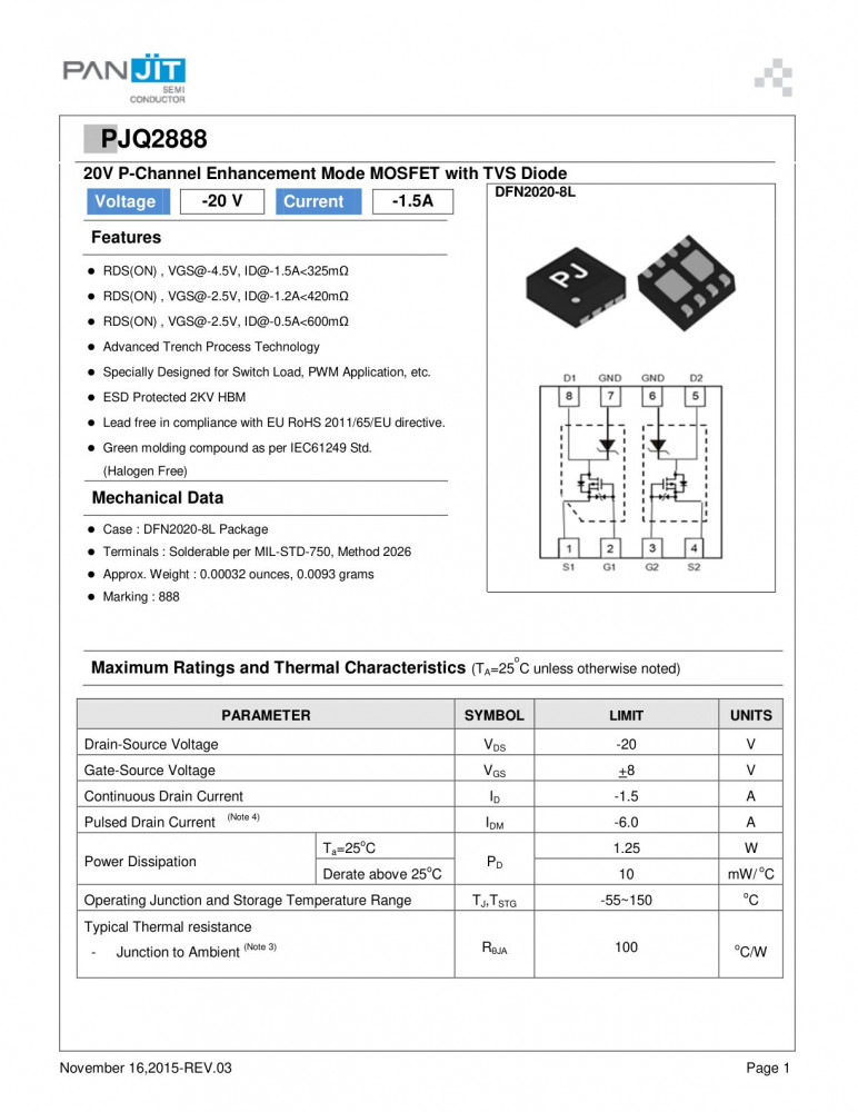 PJQ2888 datasheet page 1