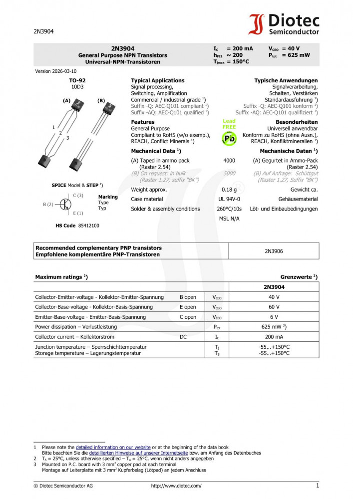 DIOTEC 2N3904 datasheet, page 1
